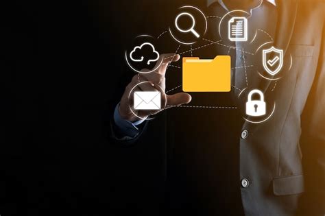 문서 관리 시스템 Dms Businessman 보유 폴더 및 문서 아이콘입니다 기업 파일 및 정보를 보관 검색 및 관리하기