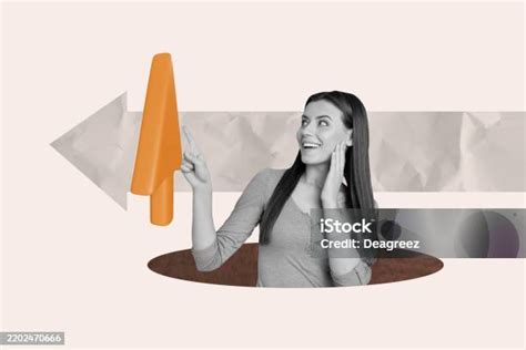 현대 미술 배너 콜라주 흥분 소녀 포인트 커서 화살표 개발 최대 통계 의외 승진 경력 20 24세에 대한 스톡 사진 및 기타