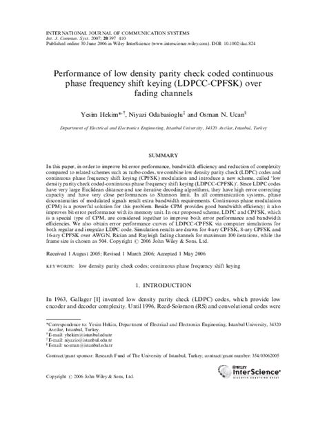Pdf Performance Of Low Density Parity Check Coded Continuous Phase Frequency Shift Keying