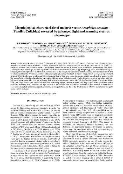 Pdf Morphological Characteristic Of Malaria Vector Anopheles Aconitus