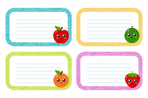 귀여운 얼굴이 있는 수박 딸기 사과와 오렌지 과일 라벨 이름표 세트 벡터 과일 라벨 과일 라벨 이름표 과일이 있는 책 라벨 Png 일러스트 및 벡터 에 대한 무료