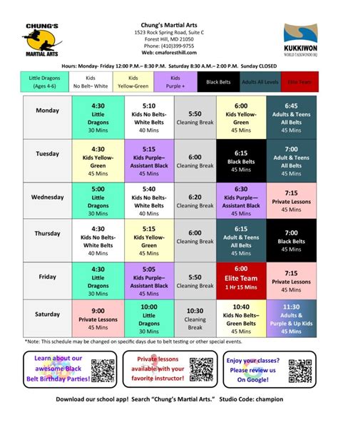 2024 Class Schedule Chung S Martial Arts