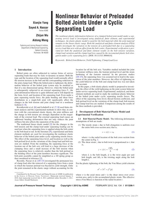Pdf Nonlinear Behavior Of Preloaded Bolted Joints Under A Cyclic Separating Load