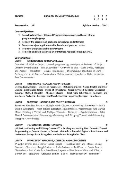 22cs302 Pstiii Java Syllabus 22cs302 Problem Solving Technique Iii L T P C 3 0 2 4 Pre
