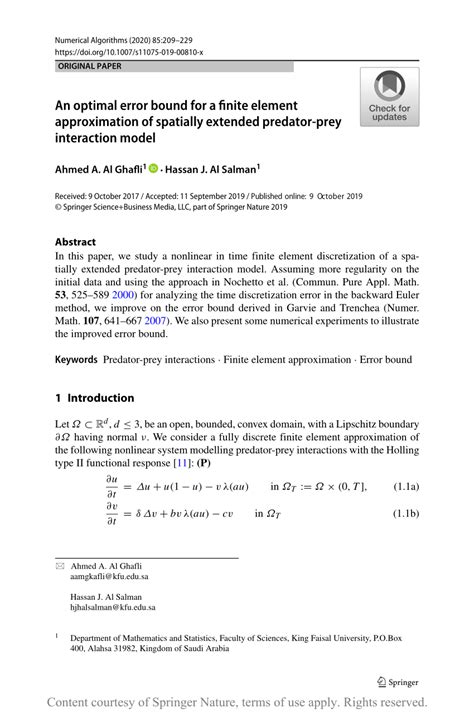 An Optimal Error Bound For A Finite Element Approximation Of Spatially Extended Predator Prey