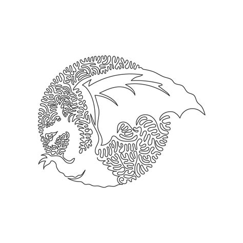 Continuous Curve One Line Drawing Of Fearsome Dragon Abstract Art In Circle Single Line