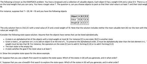 Solved The Following Is Known As The KNAPSACK Problem You Chegg