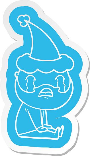 산타 모자를 쓰고 우는 수염 난 남자의 기발한 만화 스티커 귀여운에 대한 스톡 벡터 아트 및 기타 이미지 귀여운 낙서 드로잉 남자 Istock