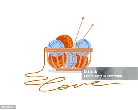 파란색과 갈색 양모 원사 공 고리 버들 바구니에 뜨개질 바늘 로고에 대한 스톡 벡터 아트 및 기타 이미지 로고 코바늘 Diy Istock