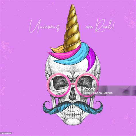 유니콘 뿔이 달린 귀여운 안경을 쓴 인간의 두개골을 한그리기 티셔츠 그래픽 인쇄 벡터 일러스트 레이 션 의상에 대한 스톡 벡터 아트 및 기타 이미지 Istock
