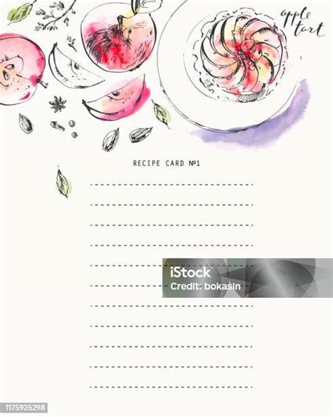 잉크와 수채화 사과 타르트 재료 일러스트 와 조리법 카드 템플릿 요리책에 대한 스톡 벡터 아트 및 기타 이미지 요리책 필기