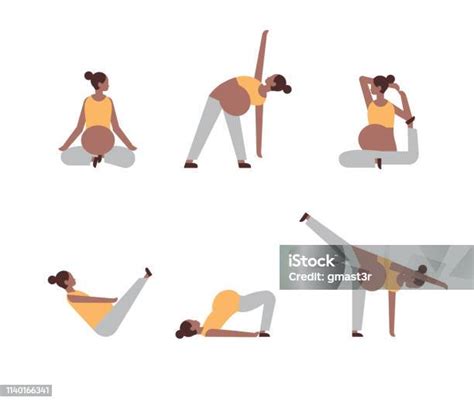 설정 다른 포즈 임신 한 여자 요가 연습을 하 고 피트 니스 임신 건강 한 라이프 스타일 개념 여성 만화 캐릭터 전체 길이 컬렉션 흰색 배경 작업 아프리카 소녀 개체 그룹에