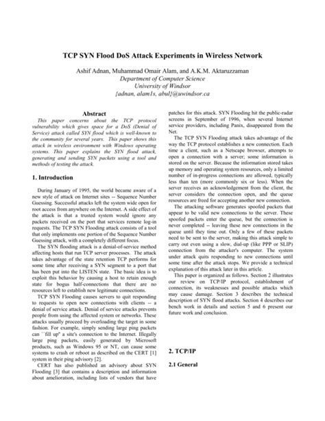 tcp syn flood dos attack experiments in
