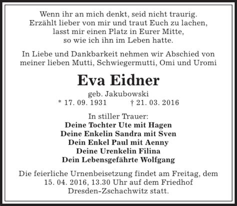Traueranzeigen Von Eva Eidner Trauer Anzeigende