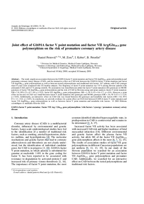 Pdf Joint Effect Of G1691a Factor V Point Mutation And Factor Vii Arg Gln 353 Gene