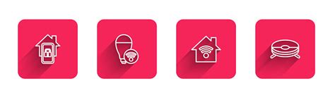 스마트 홈 스마트 전구 Wifi 및 긴 그림자가 있는 로봇 청소기로 라인 모바일을 설정합니다 빨간색 사각형 버튼입니다 벡터 개념에 대한 스톡 벡터 아트 및 기타 이미지