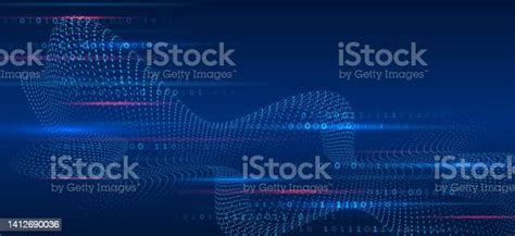 다양한 기술적 요소가있는 파란색 배경 하이테크 컴퓨터 디지털 기술 개념 추상적 인 파도 기술 통신 벡터 일러스트레이션 빅데이터에
