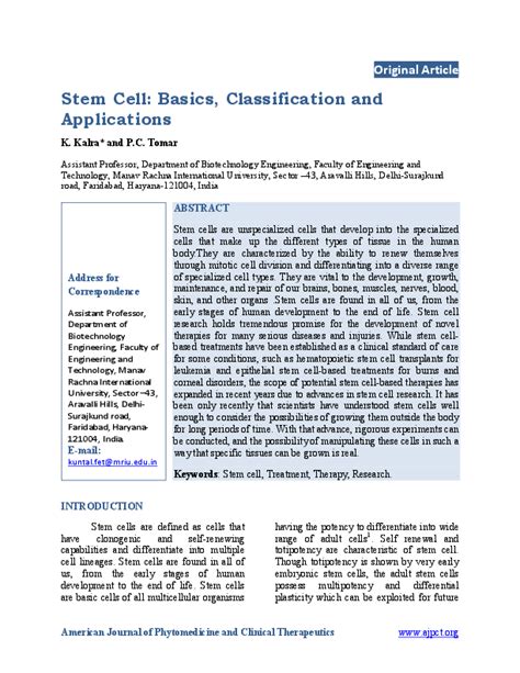 Pdf Stem Cell Basics Classification And Applications