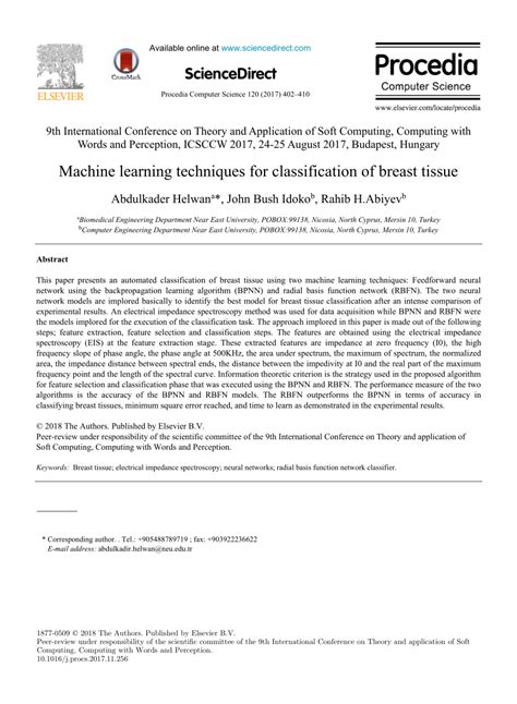 Pdf Machine Learning Techniques For Classification Of Breast Tissue