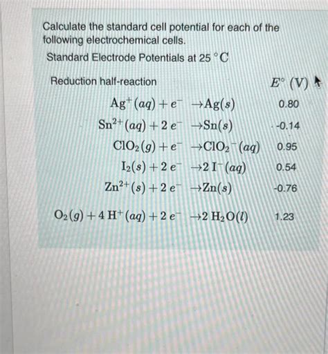 Solved Calculate The Standard Cell Potential For Each Of