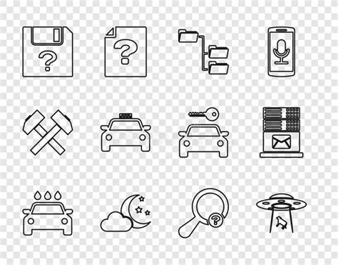 Set Line Car Wash Ufo Abducts Cow Folder Tree Cloud With Moon And Stars Unknown Document