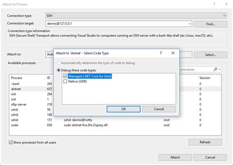 c debugging an dotnet core application remote via ssh and fails to