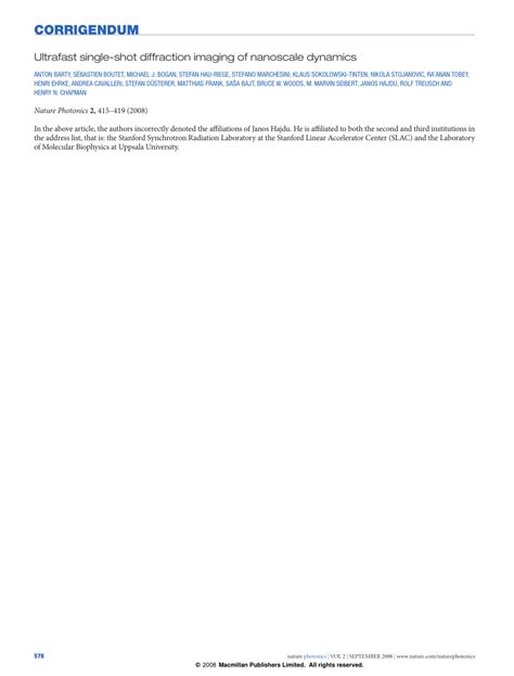 Pdf Ultrafast Single Shot Diffraction Imaging Of Nanoscale Dynamics Nature Photonics 2008 2