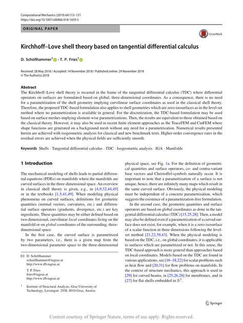 Pdf Kirchhoff Love Shell Theory Based On Tangential Differential Calculus