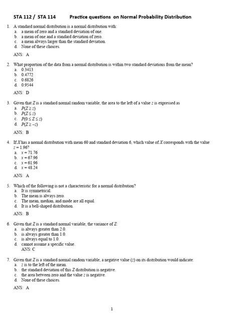 Chapter 6 Practice Questions On Normal Probability Distribution With