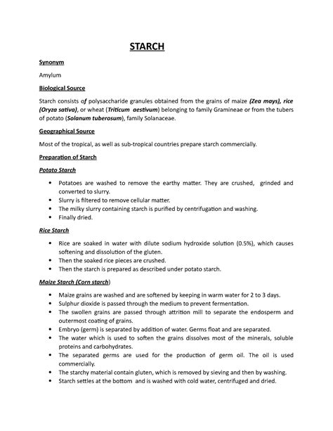 Starch Its Lecture Notes Starch Synonym Amylum Biological Source