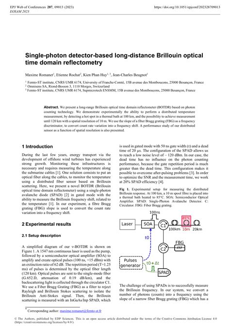 Pdf Single Photon Detector Based Long Distance Brillouin Optical Time Domain Reflectometry
