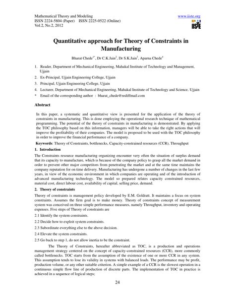 Pdf Quantitative Approach For Theory Of Constraints In Manufacturing
