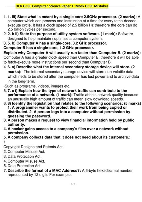 Ocr Gcse Computer Science Paper 1 Mock Gcse Mistakes Pdf Well Answered Ocr Gcse Stuvia Us