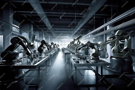 Premium Photo Group Of Robots Working Together In A Factory Generative Ai