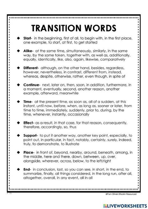 Transition Words Notes Online Exercise For Live Worksheets