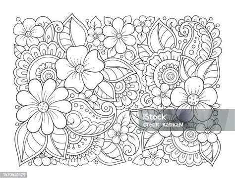 색칠 공부 책 페이지를 위한 멘디 스타일로 플로럴 패턴을 간략하게 설명합니다 성인과 어린이를위한 안티 스트레스 흑백의 낙서 장식 손 그리기 벡터 그림 컬러링 북 페이지