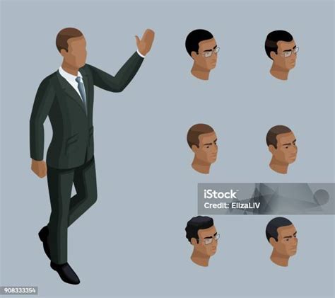 질적 아이소메트리 3d 사업가 아프리카계 미국인의 사람 문자 집합 감정 및 그림을 만들기 위한 헤어스타일 귀여운에 대한 스톡 벡터 아트 및 기타 이미지 Istock