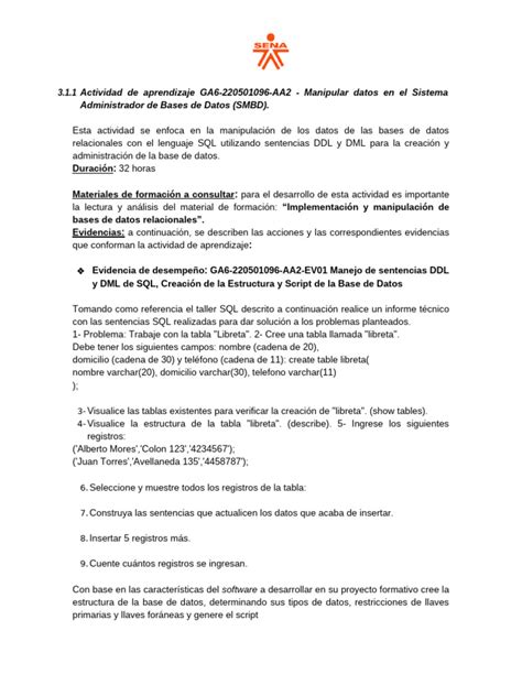 Manejo De Sentencias Ddl Y Dml De Sql Estructura Sript De Bd Pdf