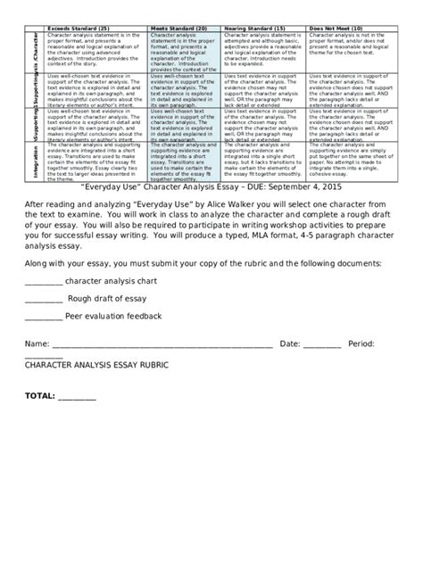 Character Analysis Essay Rubric Doc Template Pdffiller