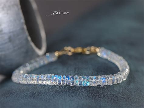 Solid 14k Gold Blue Fire Rainbow Moonstone Bracelet