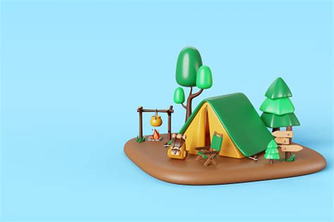 만화 3d 배너를 여행하는 시간 텐트 배낭 의자 캠프파이어 푸른 나무가 있는 섬의 가마솥 하이킹 생존 및 야외 모험을 즐길 수 있는 나무 간판이 있는 여름 캠프 3차원