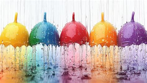 Colorful Umbrellas In Rain With Water Droplets And Bright Background Of