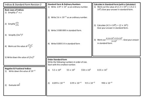 Gcse Higher Maths Revision Sheet Indices And Standard Form Teaching