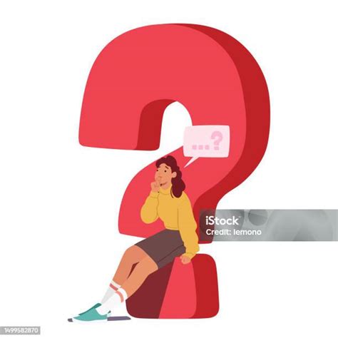 사색적인 여성 캐릭터는 머리 위로 말풍선이 있는 거대한 빨간색 물음표에 앉아 자기 성찰을 묘사한다 대화 풍선 문자 기호에 대한