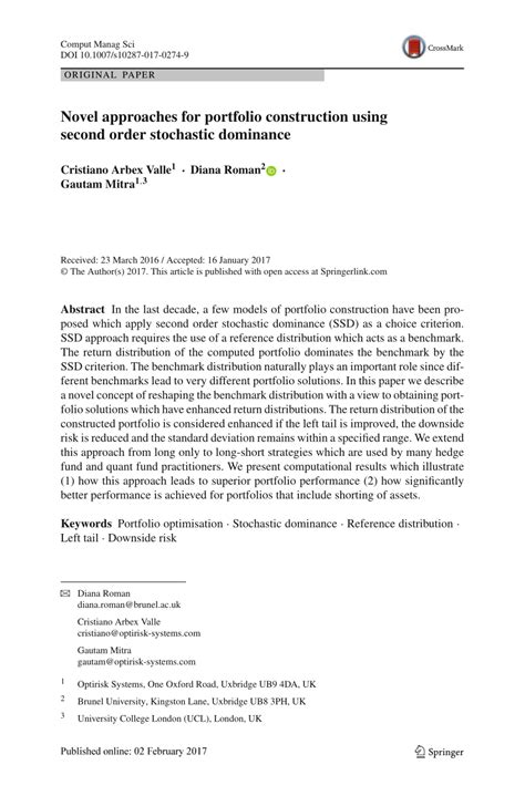 Pdf Novel Approaches For Portfolio Construction Using Second Order Stochastic Dominance