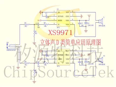两颗XS9971功放双通道立体输出5.5W*2简单应用原理图 - 深圳市矽源特科技有限公司