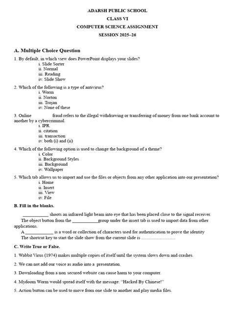 Class Vi Assignment Computer Pdf Malware Computer Virus
