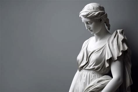 빈 벽 근처에 있는 젊은 여성의 고대 대리석 조각상 텍스트 복사 공간이 있는 그리스 조각 골동품 여성 조각 흉상 석고 조각 Ai