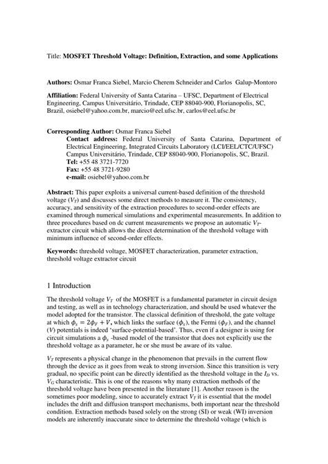 Pdf Mosfet Threshold Voltage Definition Extraction And Some
