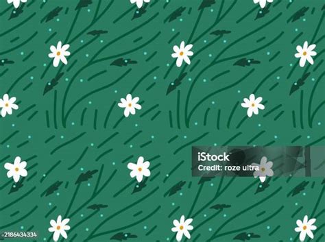 녹색 배경에 완벽 한 데이지 꽃 패턴 평면 벡터 일러스트 레이 션 꽃무늬에 대한 스톡 벡터 아트 및 기타 이미지 꽃무늬 꽃 식물 다중 색상 Istock
